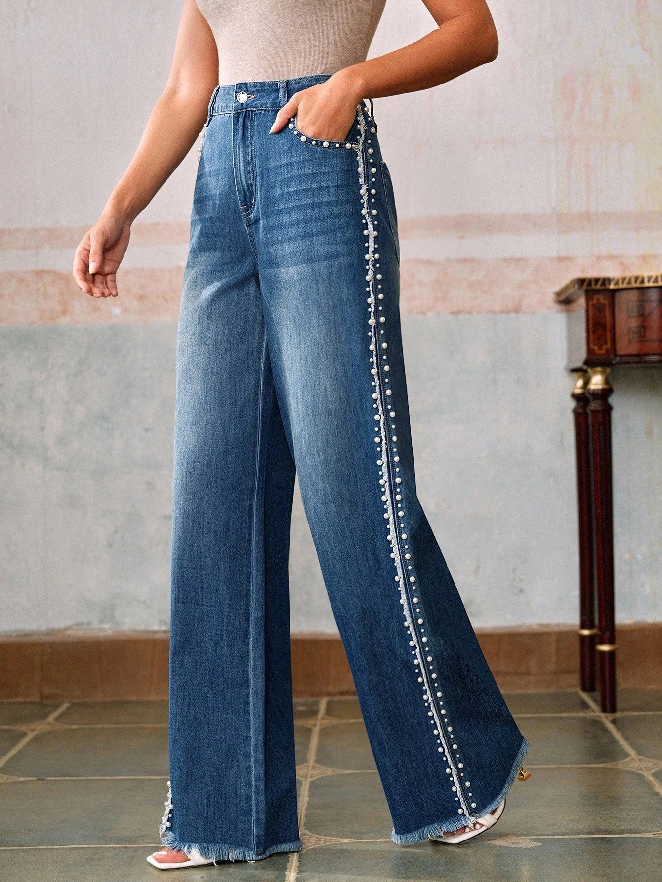 Pearl Affair - Pearl Embellished Wide Leg Jeans - Stone blue – Wear ...